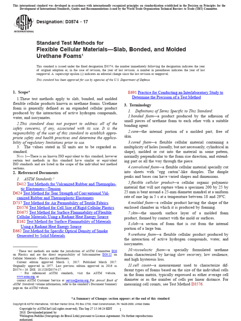 Astm d3574 17 Espumas | PDF | Polyurethane | Density