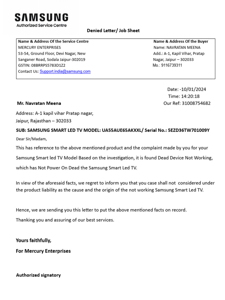 Samsung Denial Letter for TV Repair | PDF