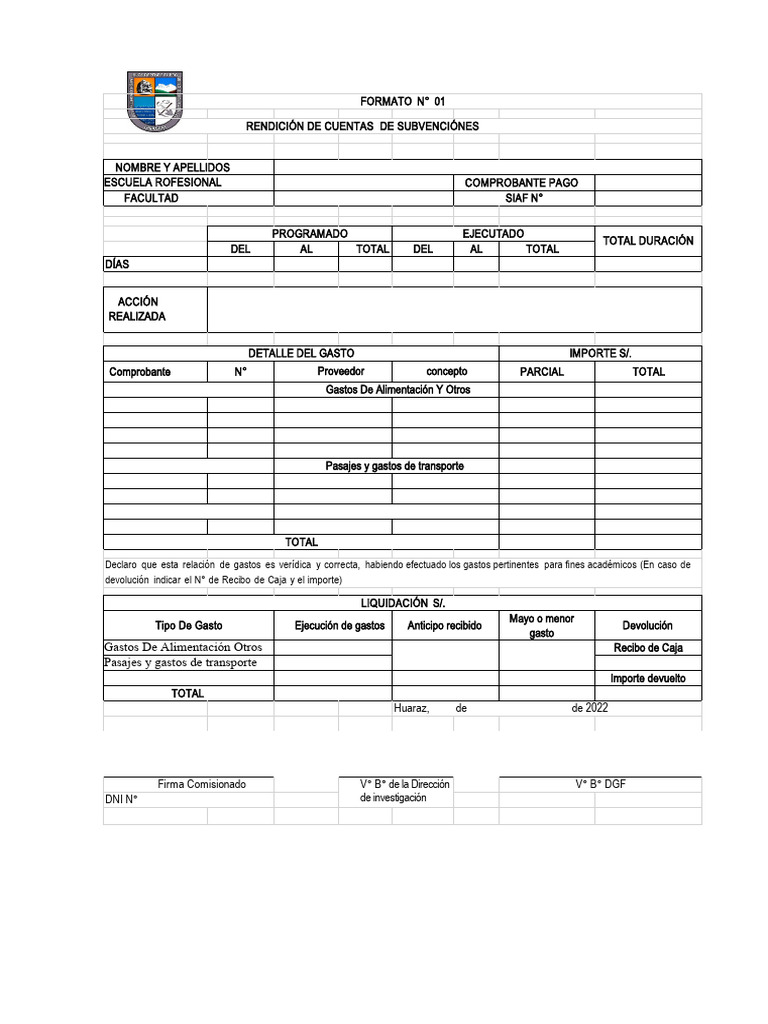 Formato de Rendicion de Subvencion | PDF Formato de Rendicion de Subvencion | PDF