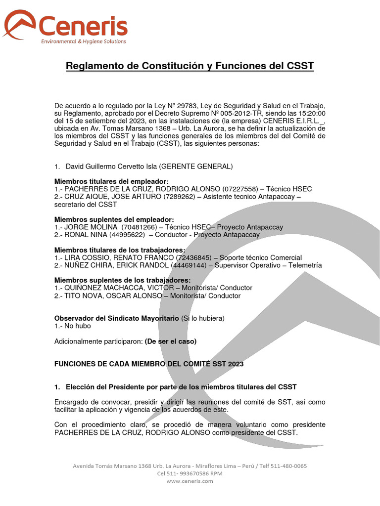 Reglamento CSST Ceneris E.I.R.L. 2023 | PDF | Gobierno