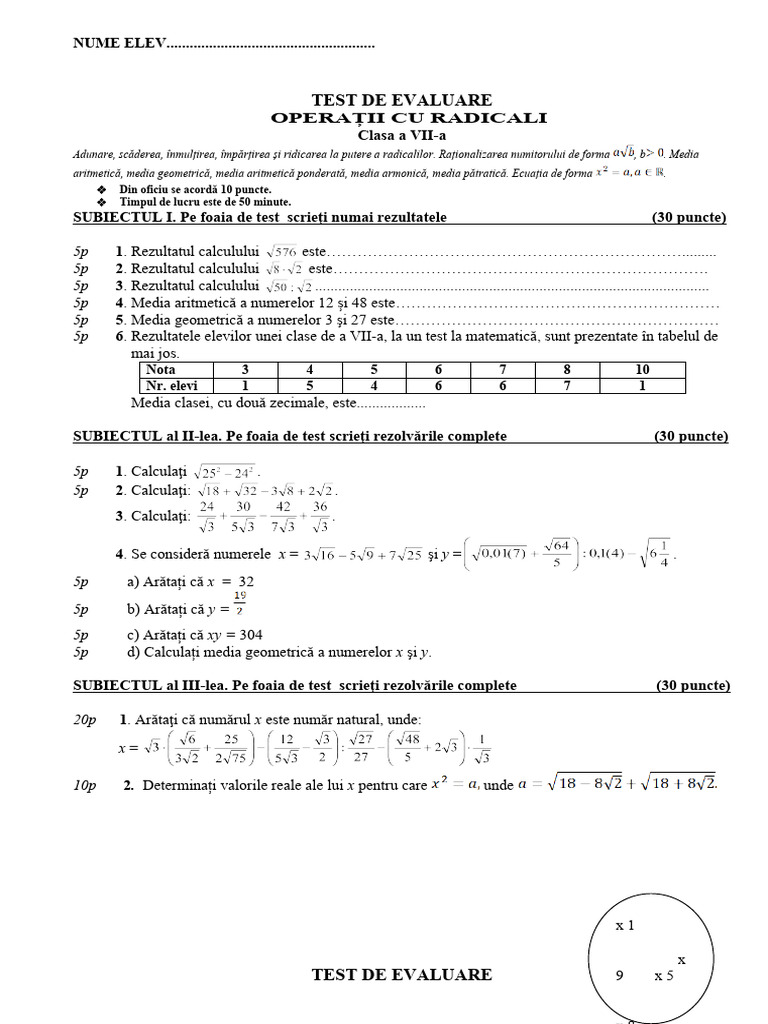 Test Operatii Cu Radicali Clasa A Viia Cu Barem | PDF