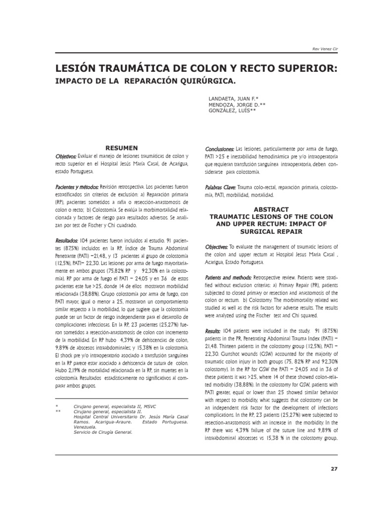 Lesión Traumática de Colon y Recto Superior | PDF | Lesión ...