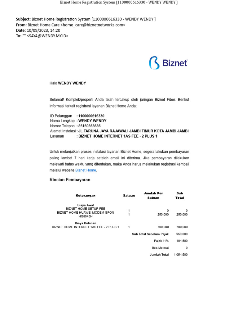 Registrasi Layanan Biznet Home | PDF