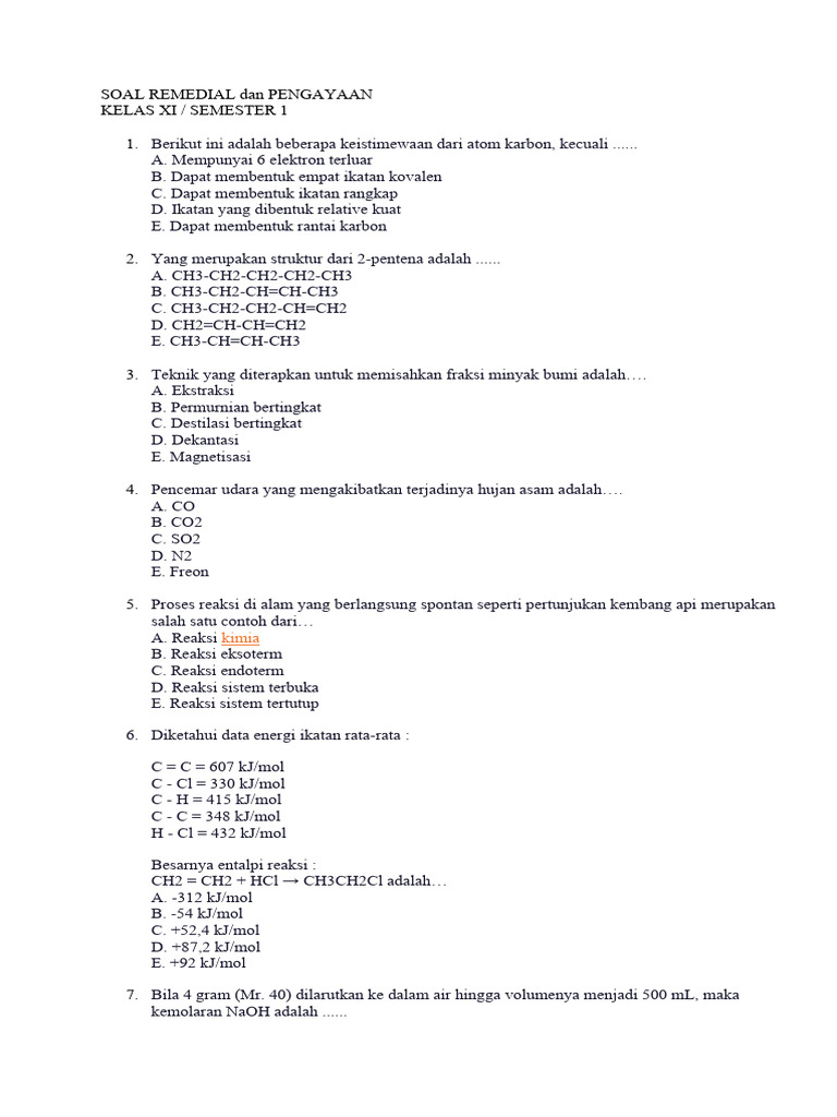 Soal Remedial Dan Pengayaan Semester 1 | PDF