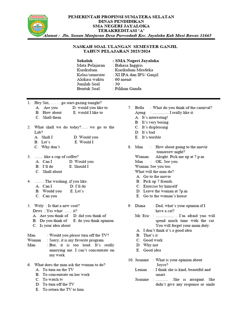 Naskah Soal Pas Kelas Xi Ganjil - 2023-2024 | PDF
