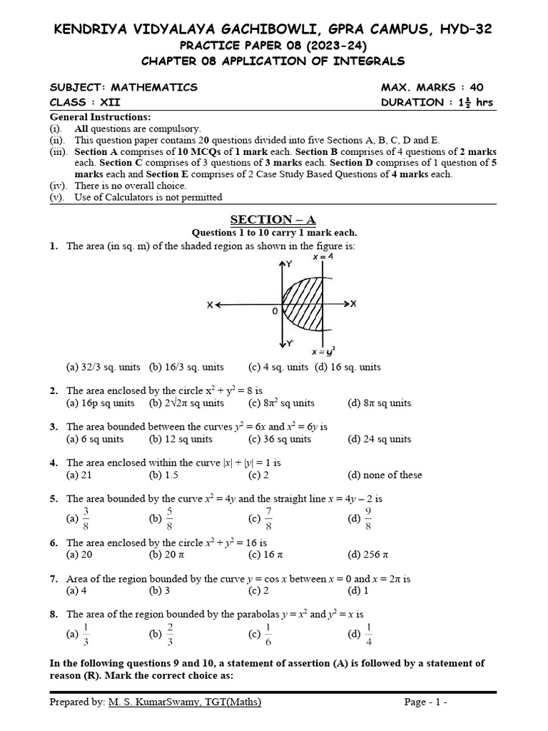 Maths Class Xii Chapter 08 Application of Integrals Practice Paper 08 ...