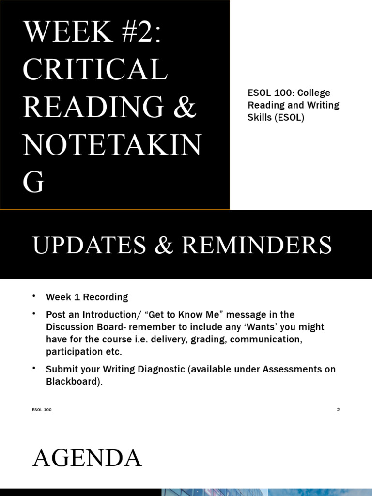 Week 2 Critical Reading and Notetaking - ESOL 100 - As | PDF | Human ...