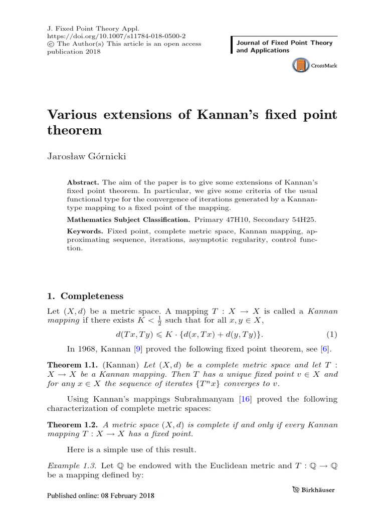 Various Extensions Of Kannans Fixed Point Theorem Pdf Sequence Mathematical Analysis