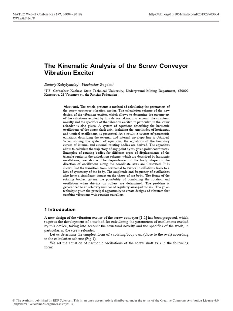 The Kinematic Analysis of The Screw Conveyor Vã TH Annas Archive | PDF ...