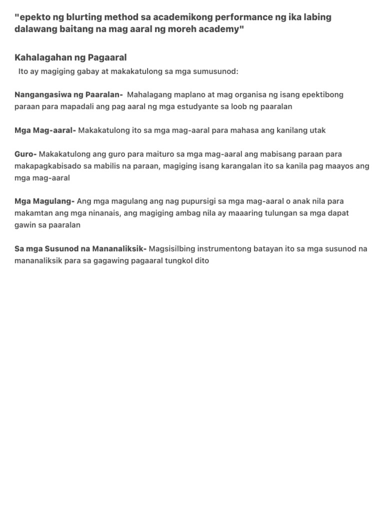 Epekto Ng Blurting Method Sa Academikong Performance Ng Ika Labing… | PDF