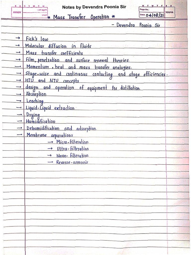 Mass Transfer Notes by Devendra Poonia | PDF