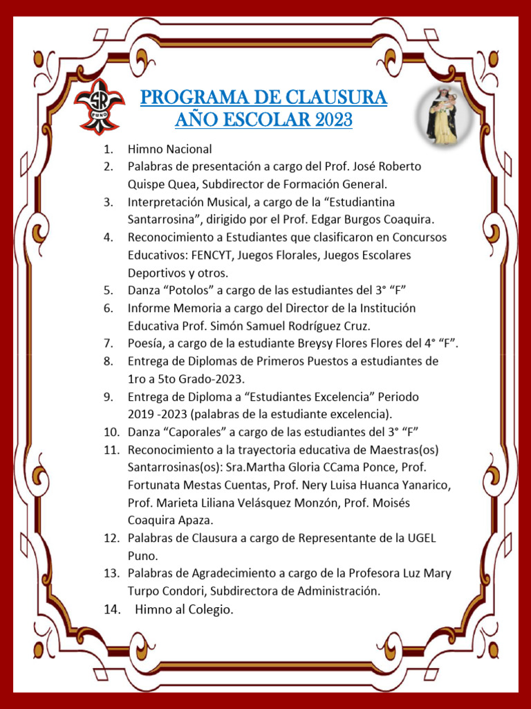 Programa de Clausura Año Escolar 2023 | PDF