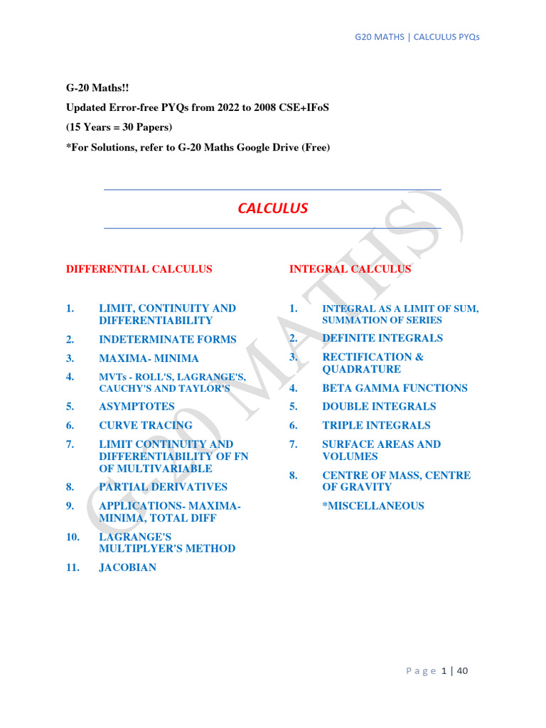 1-2 Calculus Pyqs Chapterwise 2022 | PDF | Integral | Calculus