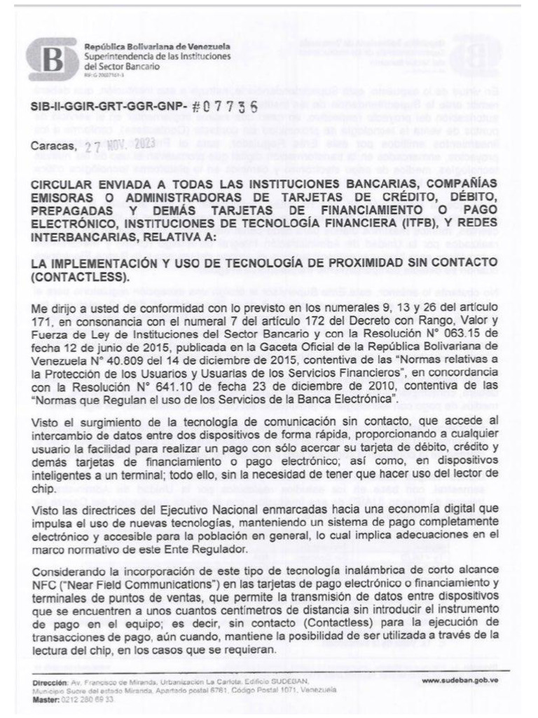 Circular SUDEBAN Tarjetas ContacLess (NFT) | PDF