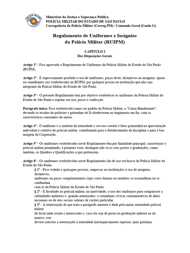 Regulamento de Uniformes e Insígnias da Polícia Militar (RUIPM) | PDF | Polícia militar | Polícia