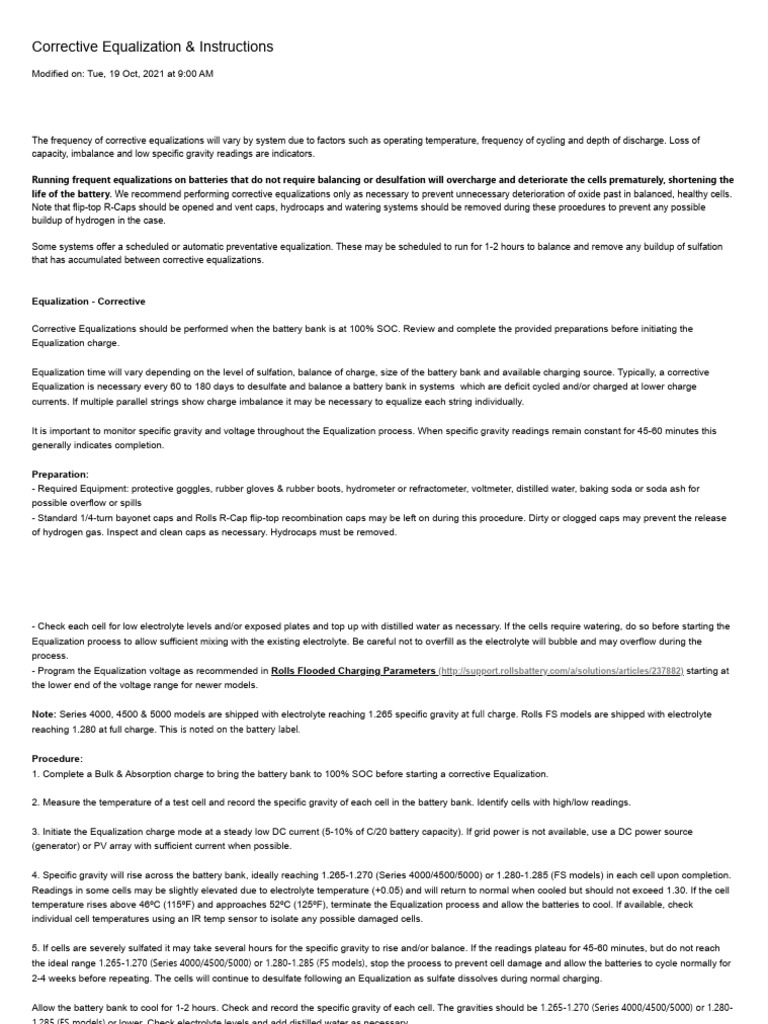 Corrective Equalization & Instructions - Rolls Battery Technical Support | PDF | Physical ...