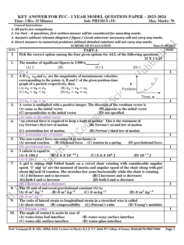 KEY Answer For I-PUC DPU Model Paper - 2023-24 | PDF | Weight | Heat
