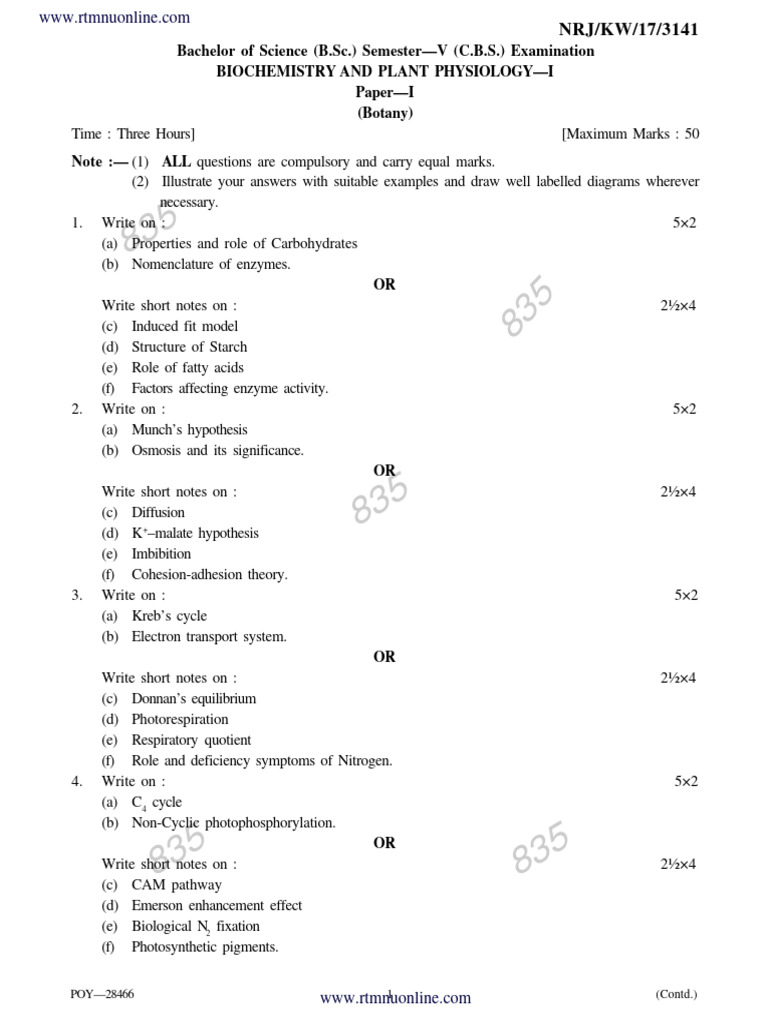 BSC 5 Sem Botany 1 Winter 2017 | PDF | Photosynthesis | Biology
