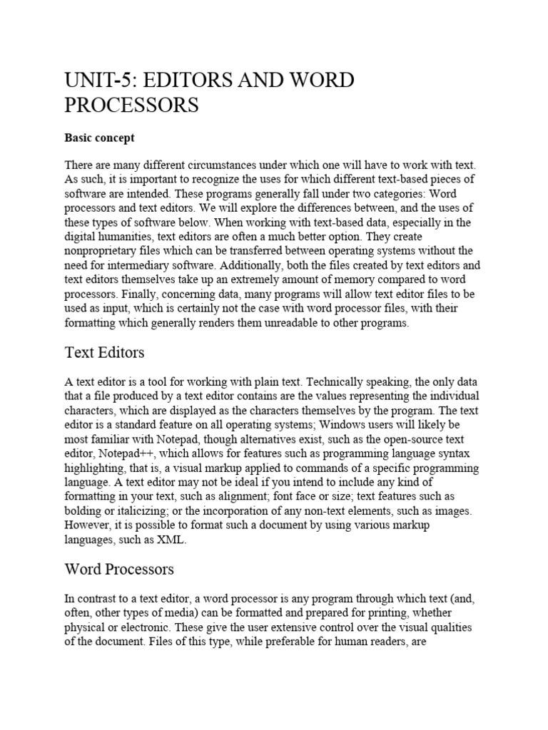 UNIT 5 Editors and World Processors | PDF | Microsoft Word | Word Processor