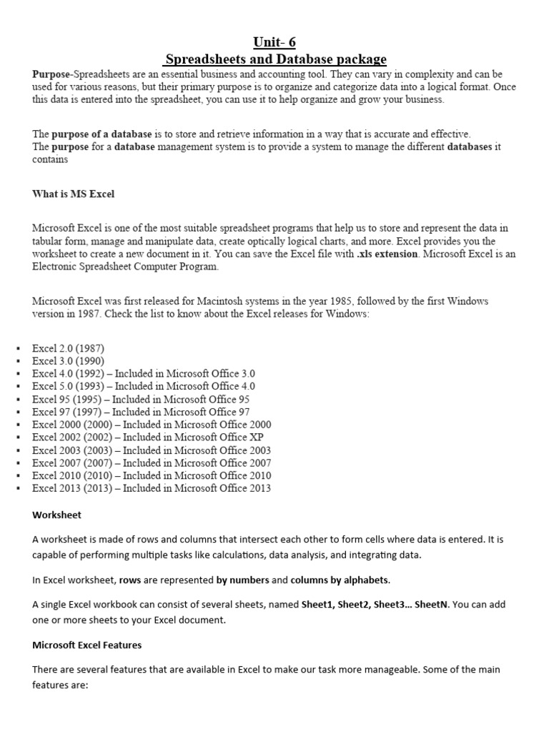 UNIT 6 Spreadsheets and Database Packages | PDF | Microsoft Excel ...