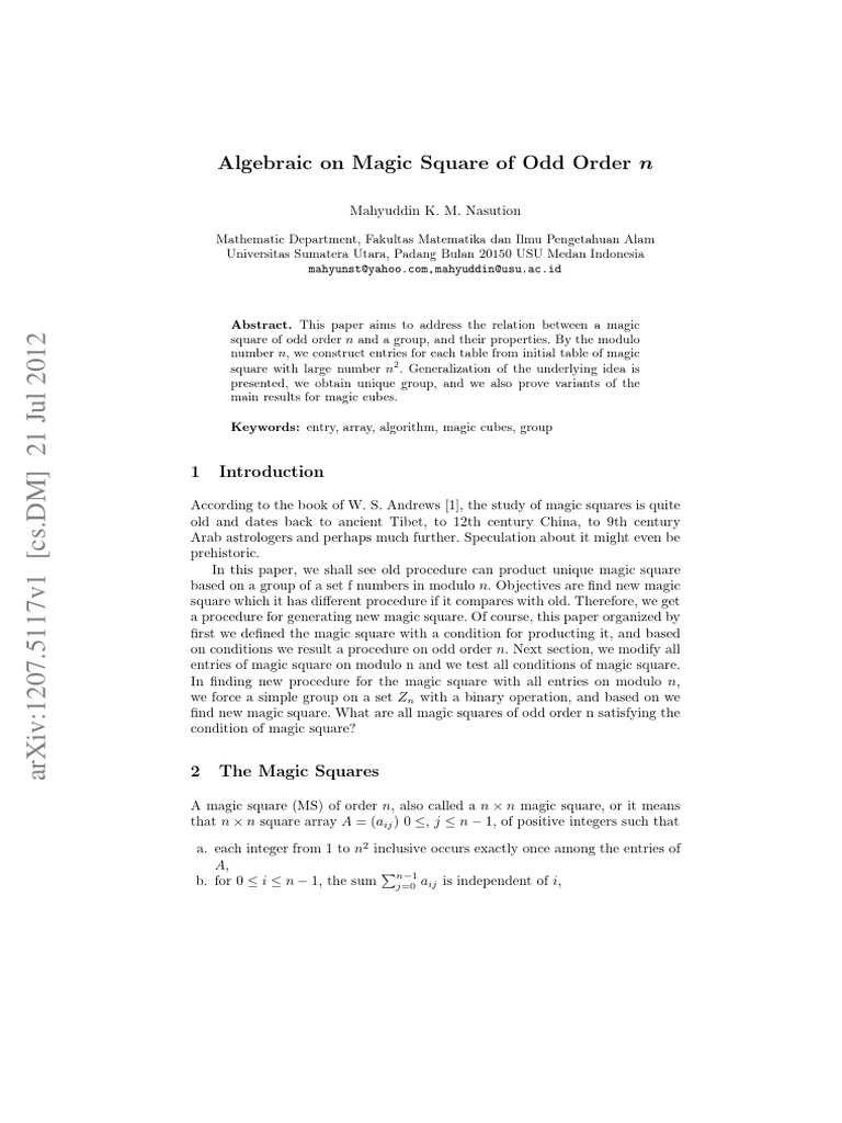 Algebraic Properties of Odd Order Magic Squares | PDF | Matrix ...