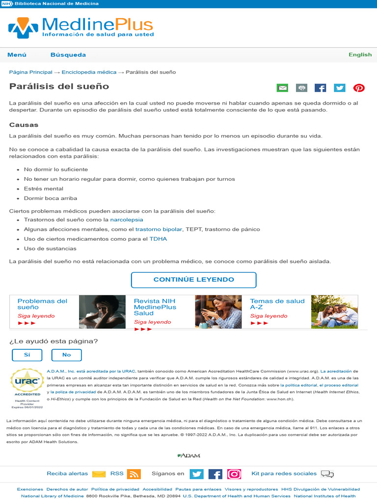Parálisis Del Sueño MedlinePlus Enciclopedia Médica | PDF | Dormir | Privacidad en internet