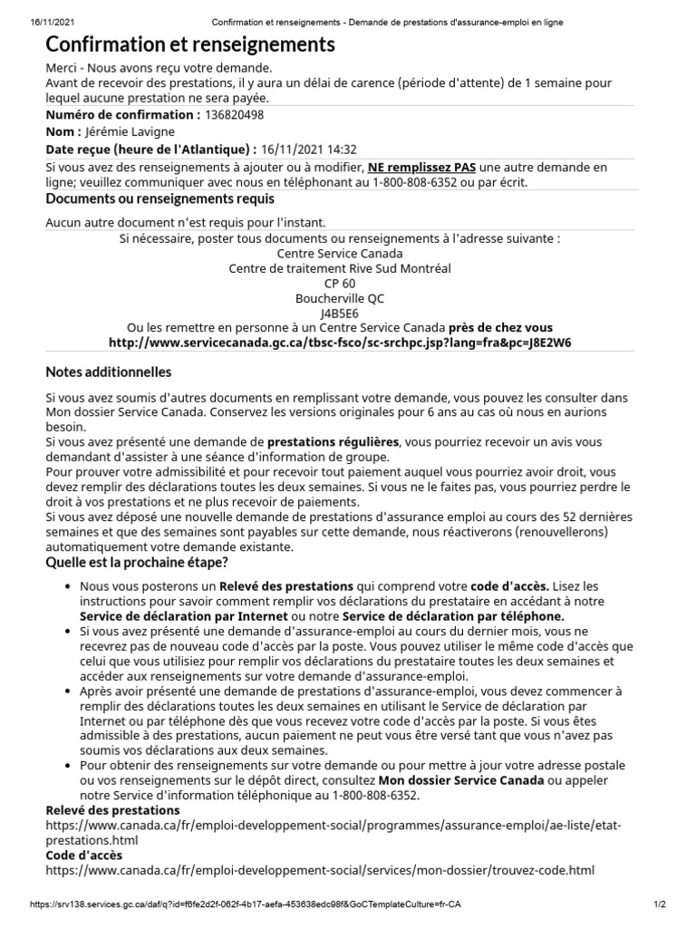 Confirmation Et Renseignements - Demande de Prestations D'assurance-Emploi en Ligne | PDF