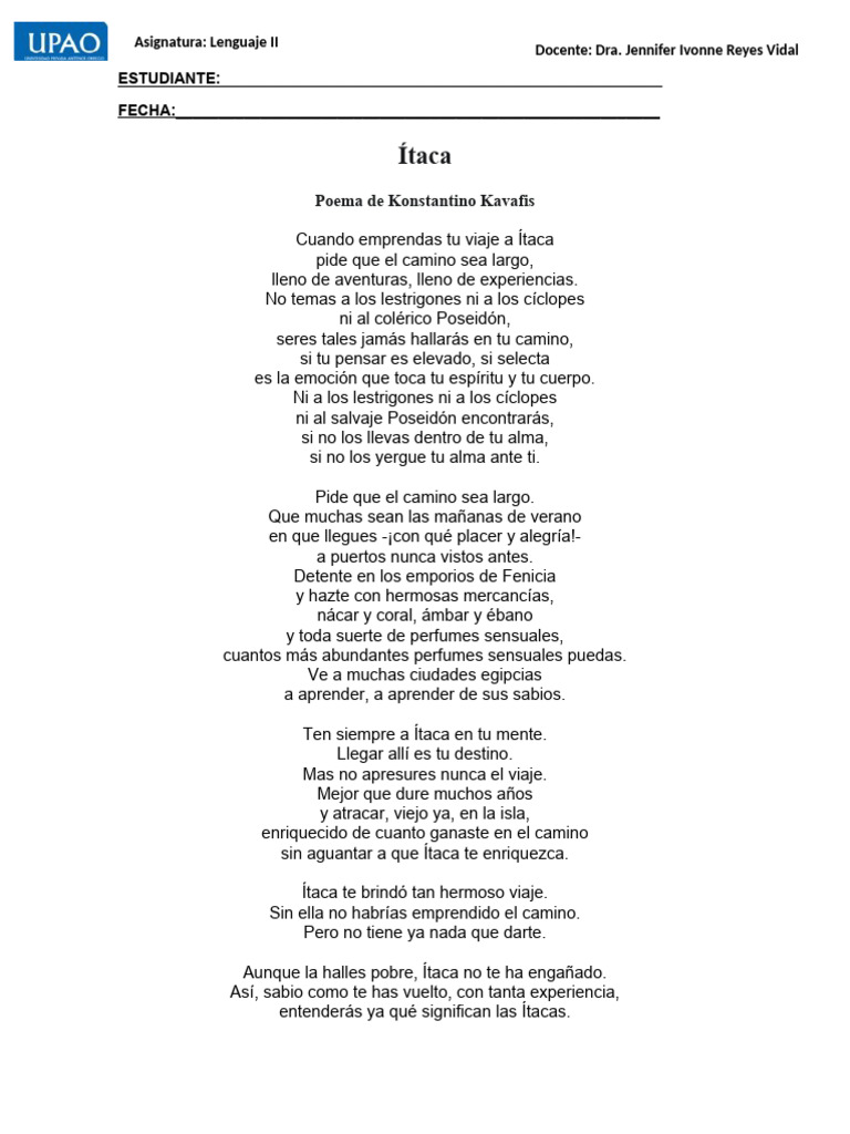 Interpretación del Poema Ítaca | PDF