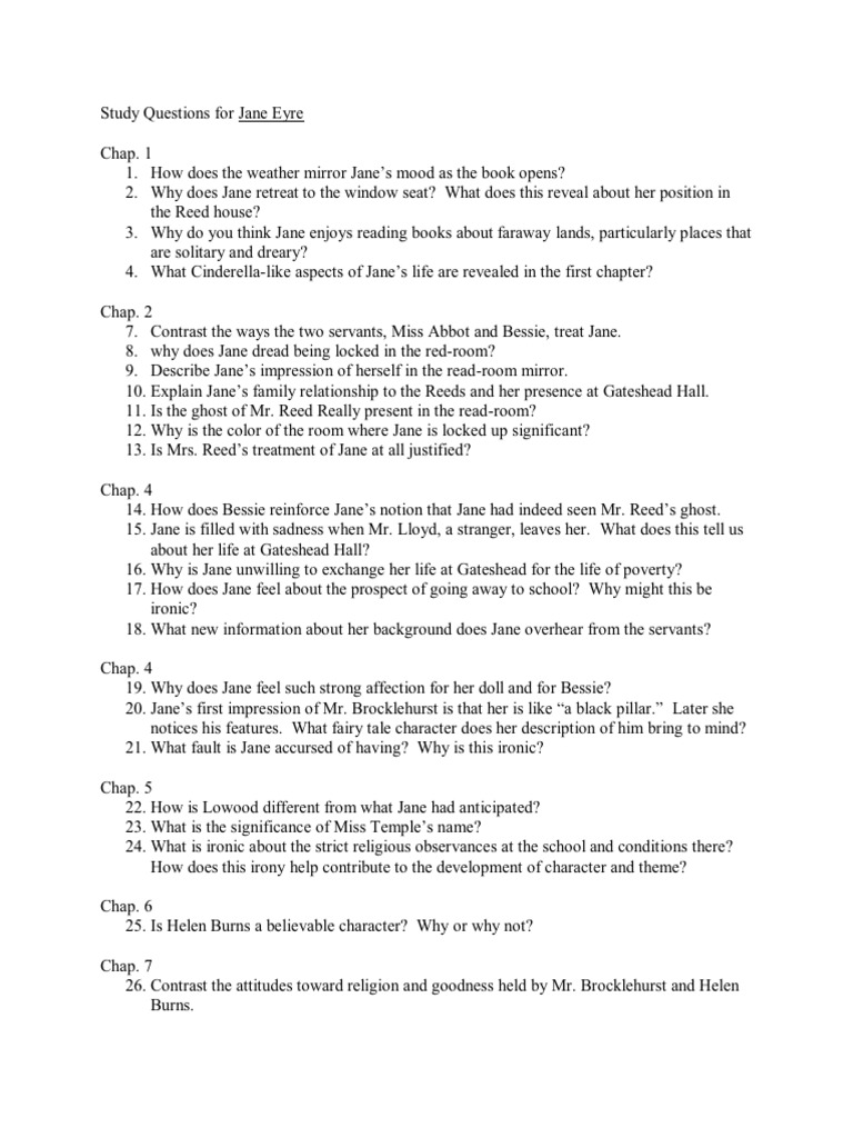 Study Questions For Jane Eyre | PDF | Jane Eyre