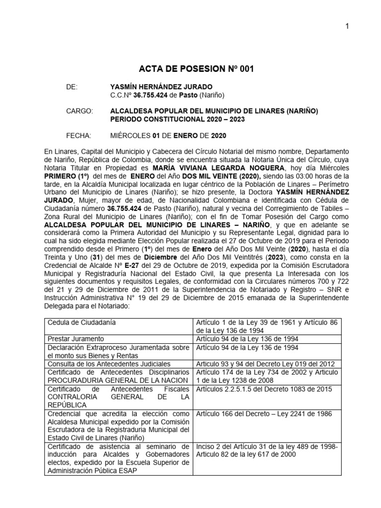 ACTA DE POSESION ALCALDESA MUNICIPAL LINARES 2020-2023 | PDF
