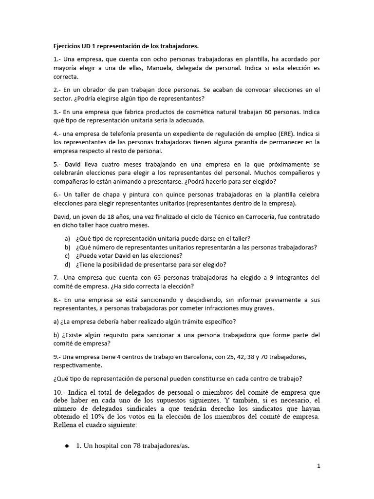 Ejercicios Ud 1 Representación de Los Trabajadores | PDF