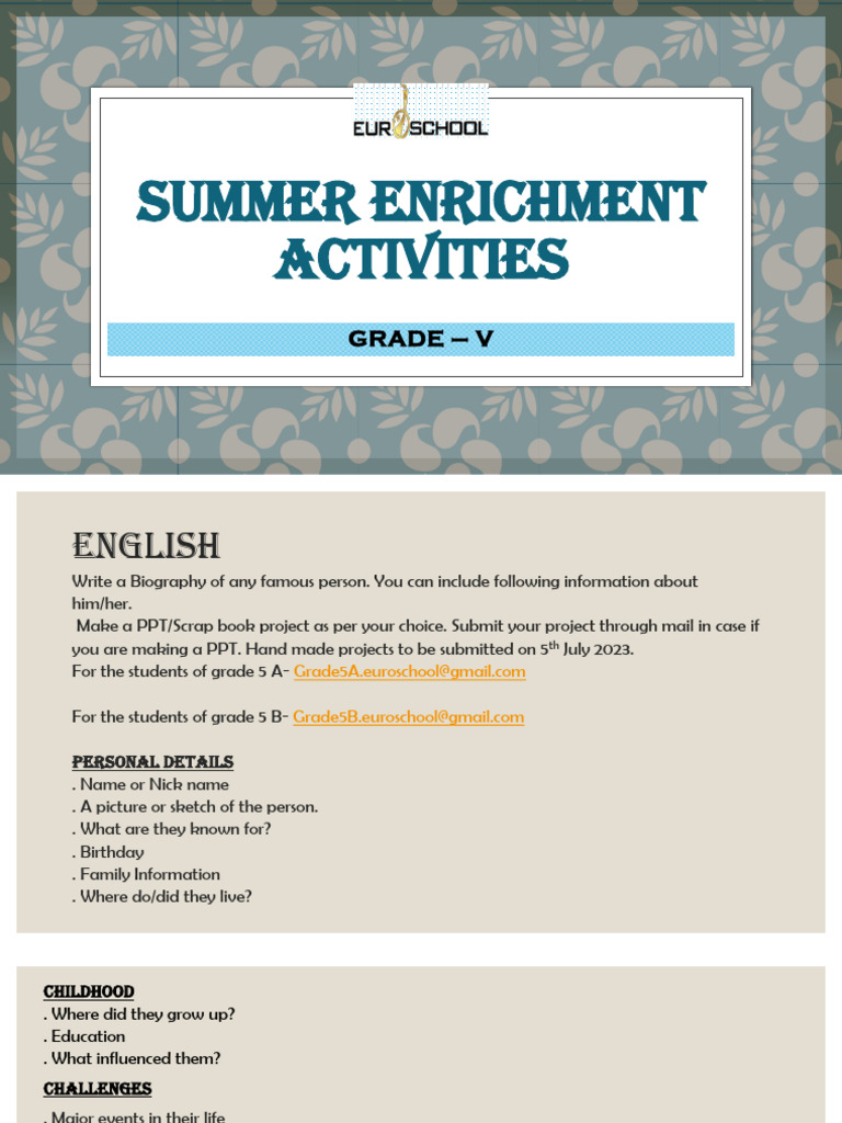 Summer Enrichment Activities: Grade - V | PDF