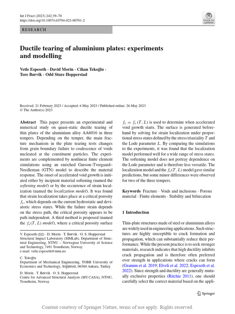Ductile Tearing Of Aluminium Plates Experiments An Pdf Ductility
