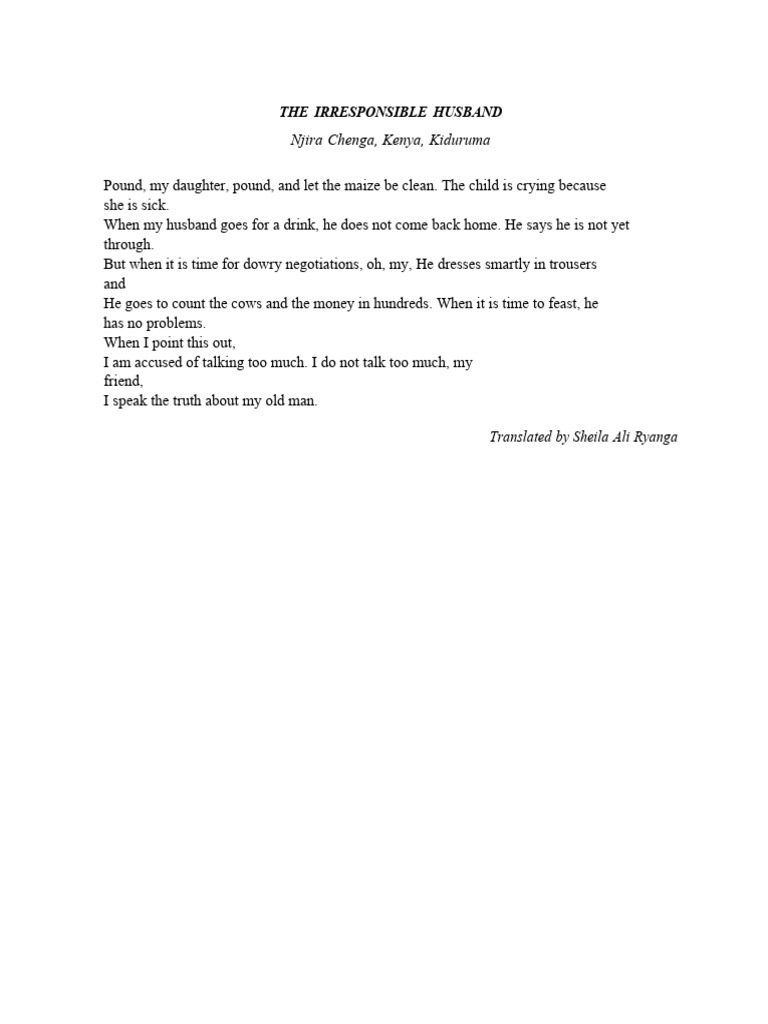 The Irresponsible Husband: A Poem | PDF | Cooking, Food & Wine