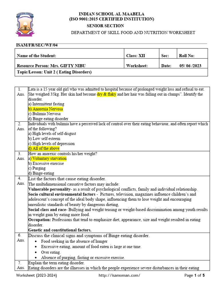 Eating disorder Worksheet | PDF | Eating Disorder | Eating
