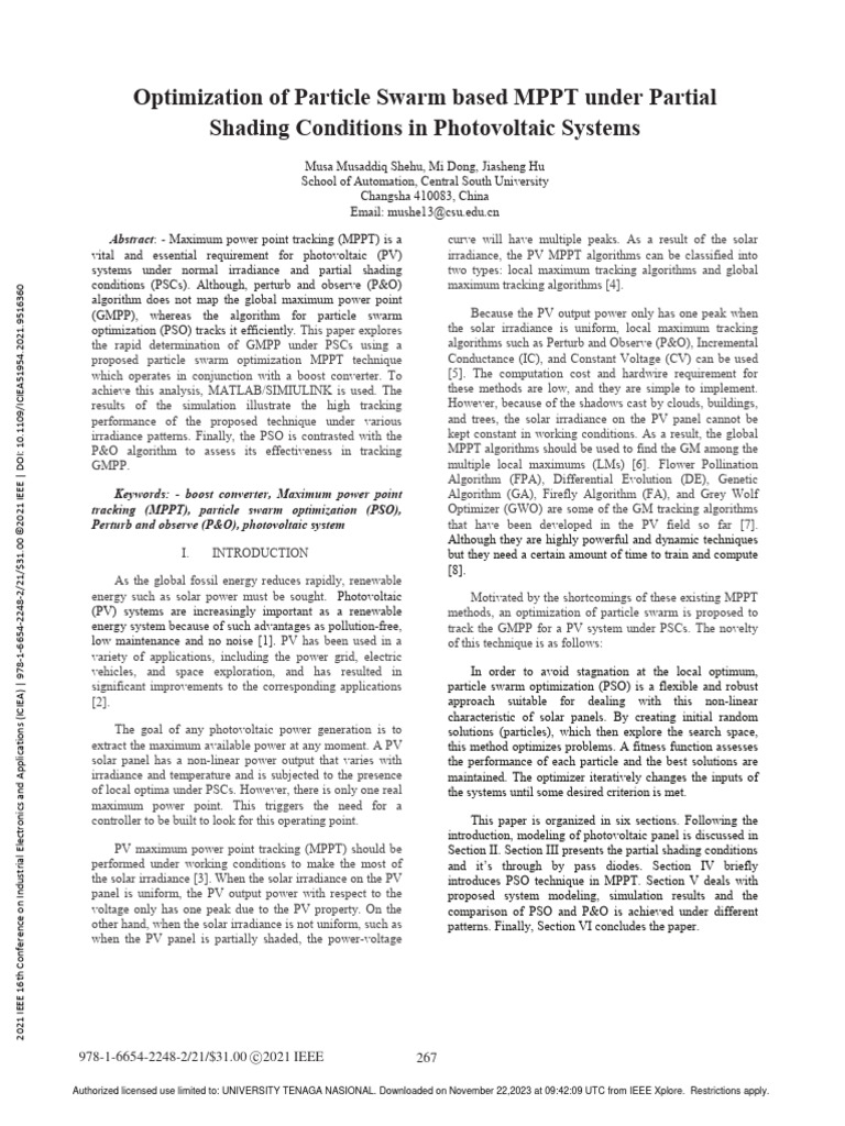 Optimization of Particle Swarm Based MPPT Under Partial Shading ...