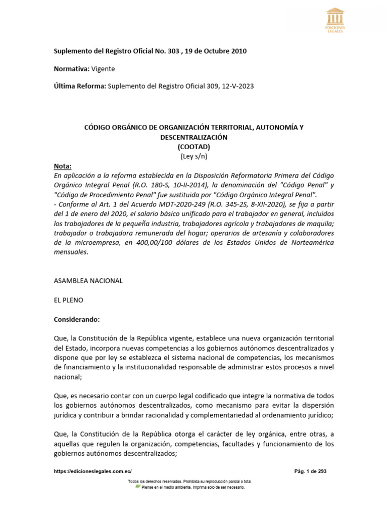 Código Orgánico de Organización Territorial | PDF | Ecuador | Constitución