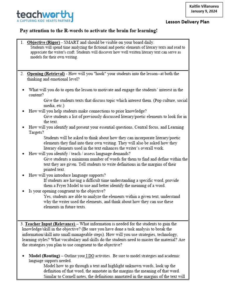 Lesson Delivery Plan for Literary Analysis | PDF | Career & Growth