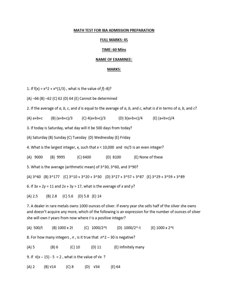 IBA Math Test Prep | PDF | Arithmetic | Mathematical Objects