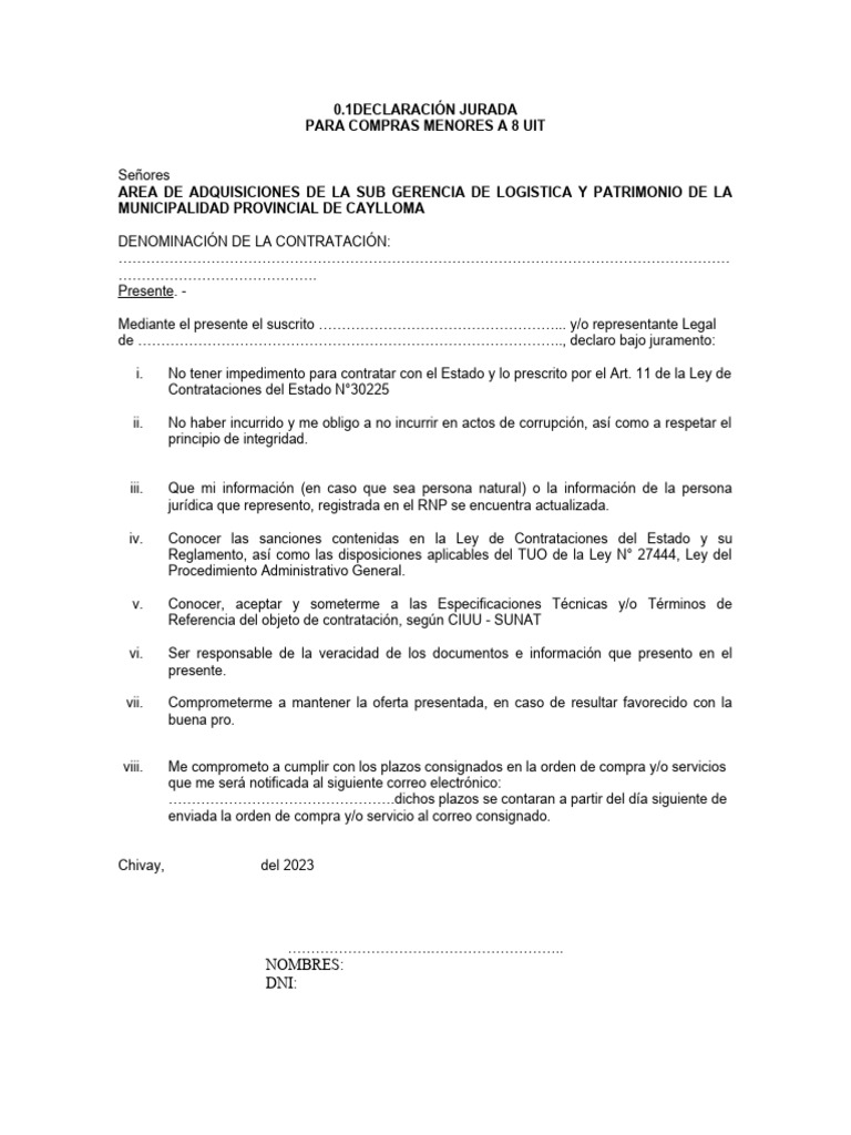 DECLARACION JURADA PARA COMPRAS MENORES A 8 UIT | PDF