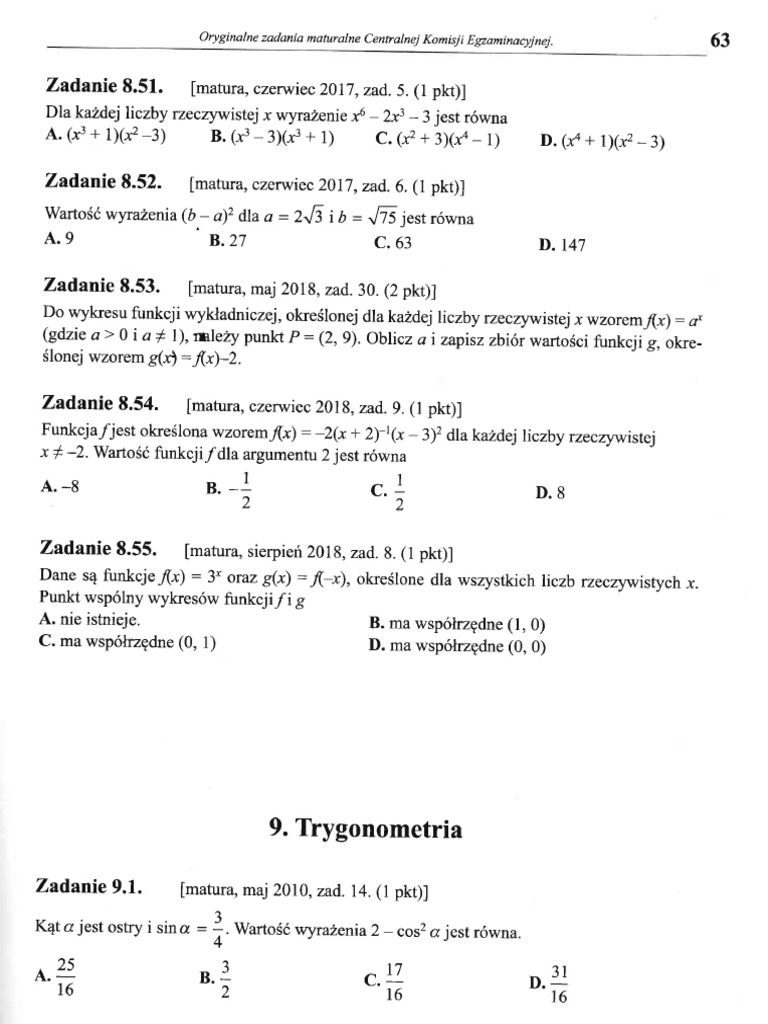 TRYGONOMETRIA - Zadania Maturalne | PDF