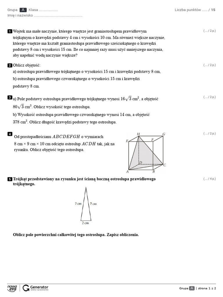 GEOMETRIA PRZESTRZENNA - Sprawdzian Nowa Era Klasa 8 | PDF