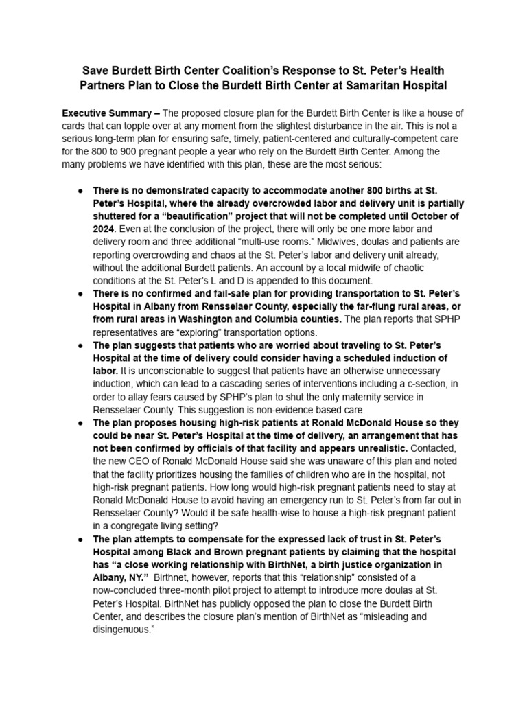 Save Burdett Birth Center Coalition Response | PDF | Childbirth | Midwife