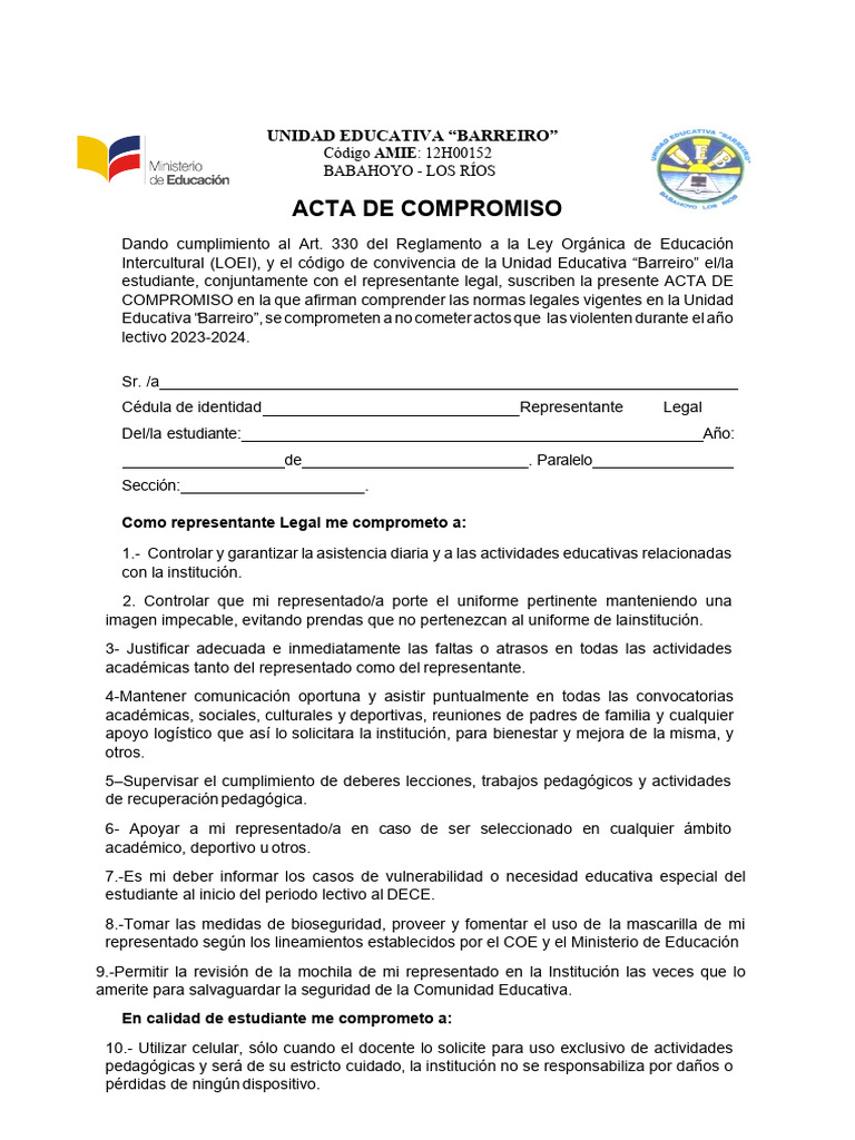 Acta de Compromiso Unidad Educativa Barreiro 2023 | PDF