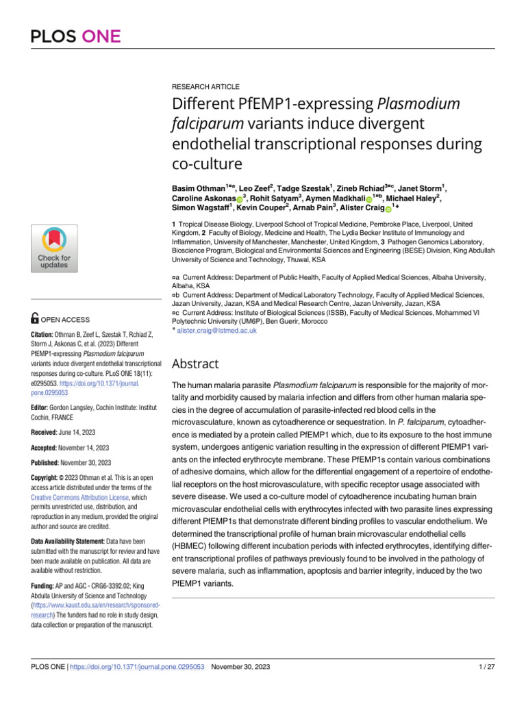 Different Pfemp1-Expressing Plasmodium Endothelial Transcriptional ...