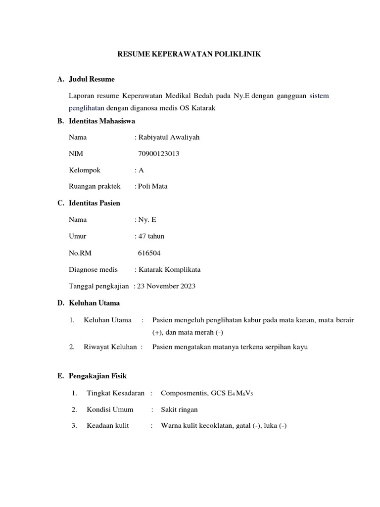 LP & RESUME Minggu 7 Poli Mata (Katarak Komplikata) | PDF