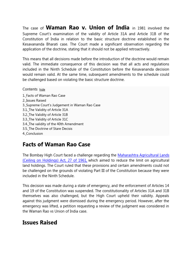 Waman Rao v. Union of India | PDF | Precedent | Statutory Law