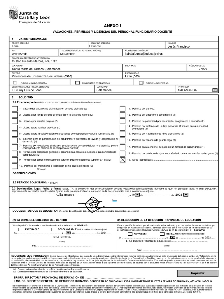 Anexo I Solicitud Permisos Funcionarios Competencia DP - DGRRHH | PDF | Adopción | Asociación ...