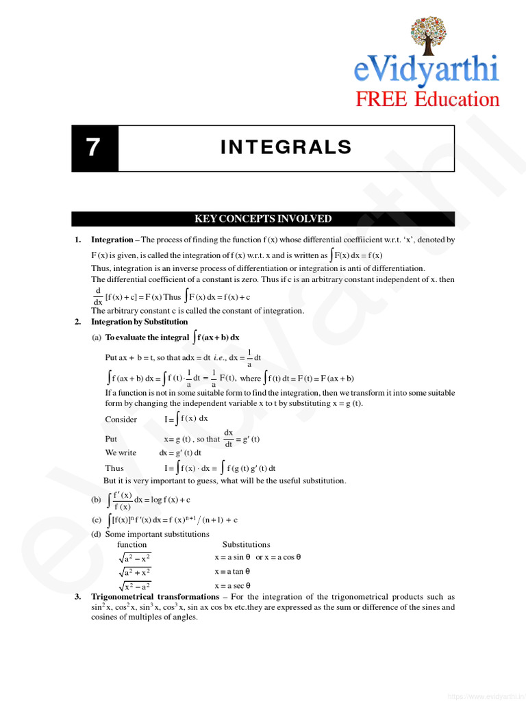 Class 12 Chapter 7 Maths Important Formulas | PDF | Integral ...