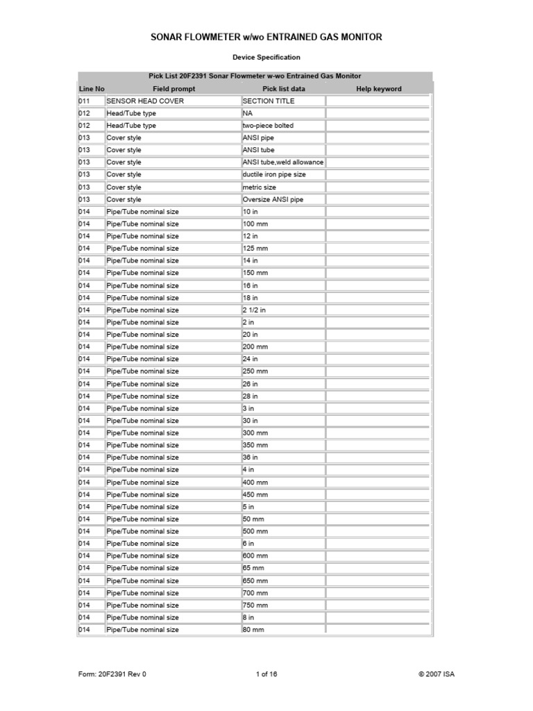20F2391 Pick List | PDF | Pipe (Fluid Conveyance) | Flow Measurement